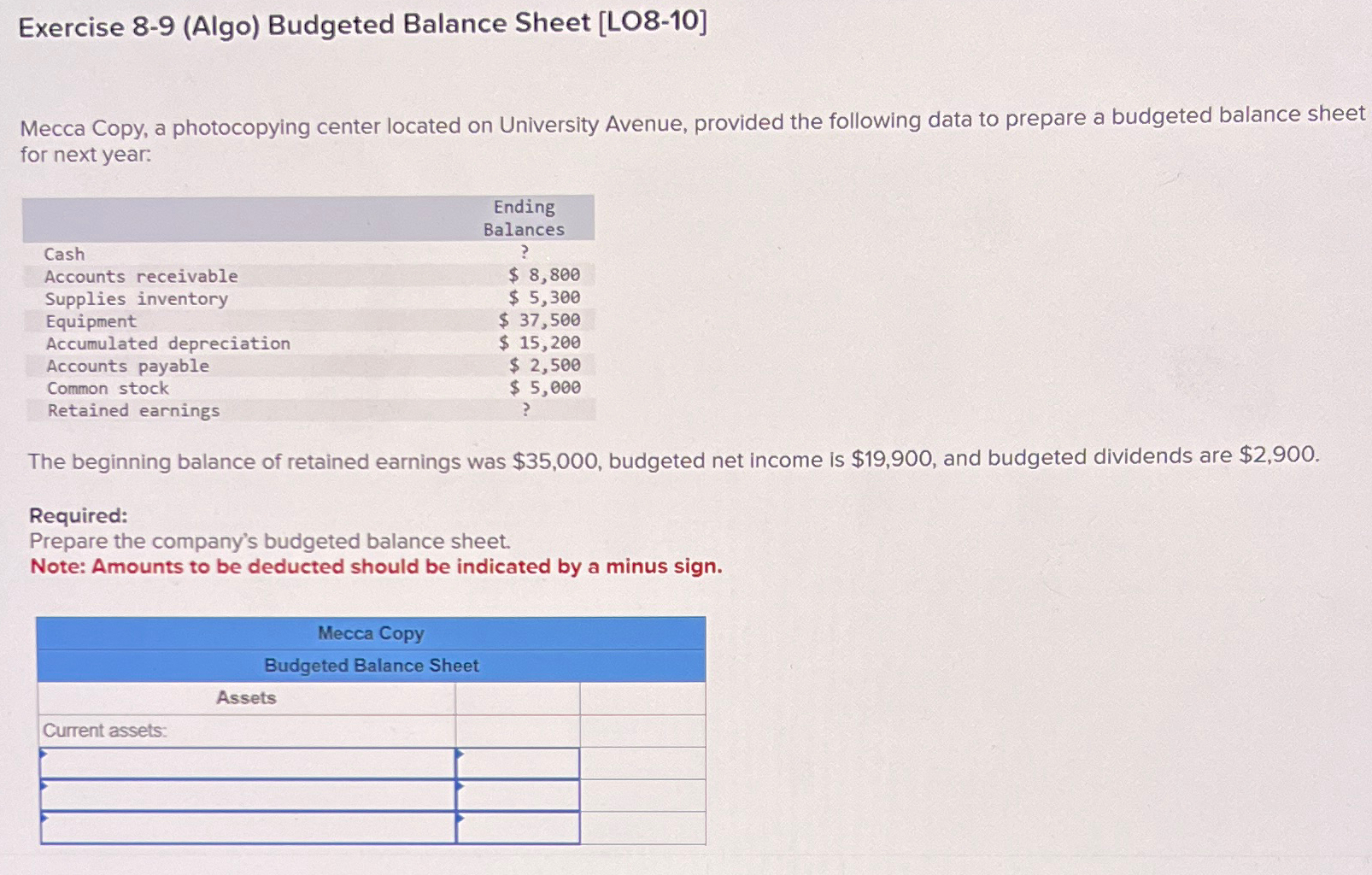Solved Exercise 8-9 (Algo) Budgeted Balance Sheet | Chegg.com Solved Exercise 8-9 (Algo) Budgeted Balance Sheet | Chegg.com