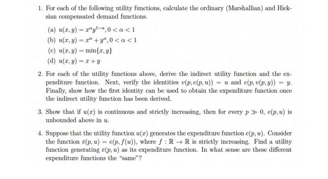 Solved 1. For each of the following utility functions, | Chegg.com