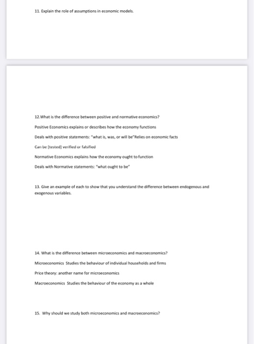 Solved 11. Explain the role of assumptions in economic | Chegg.com