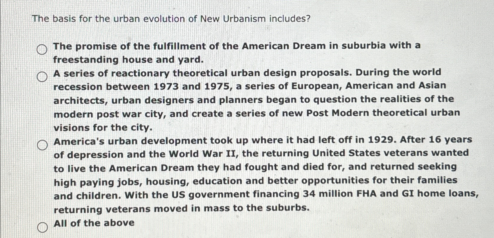 Solved The basis for the urban evolution of New Urbanism | Chegg.com
