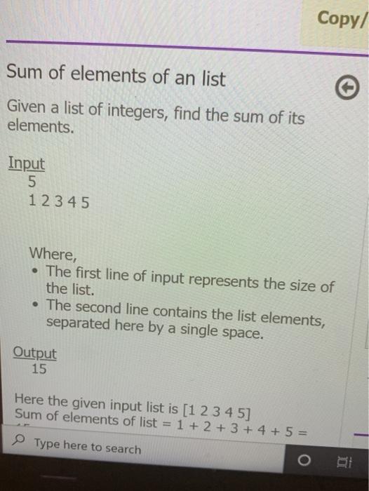 Copy/ Sum of elements of an list Given a list of | Chegg.com