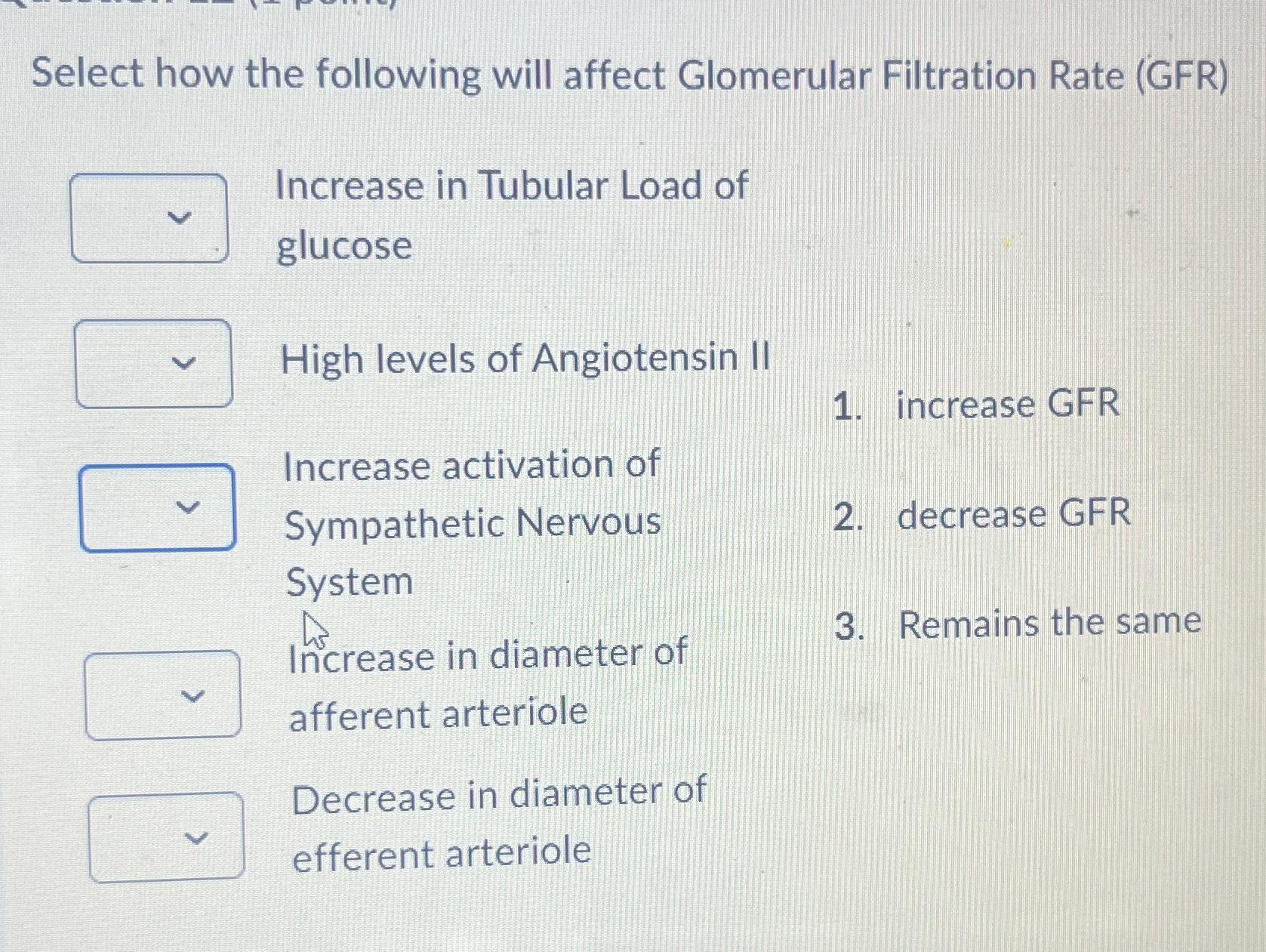 Solved Select how the following will affect Glomerular | Chegg.com
