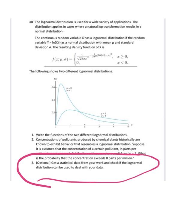 Solved Q8 The lognormal distribution is used for a wide | Chegg.com