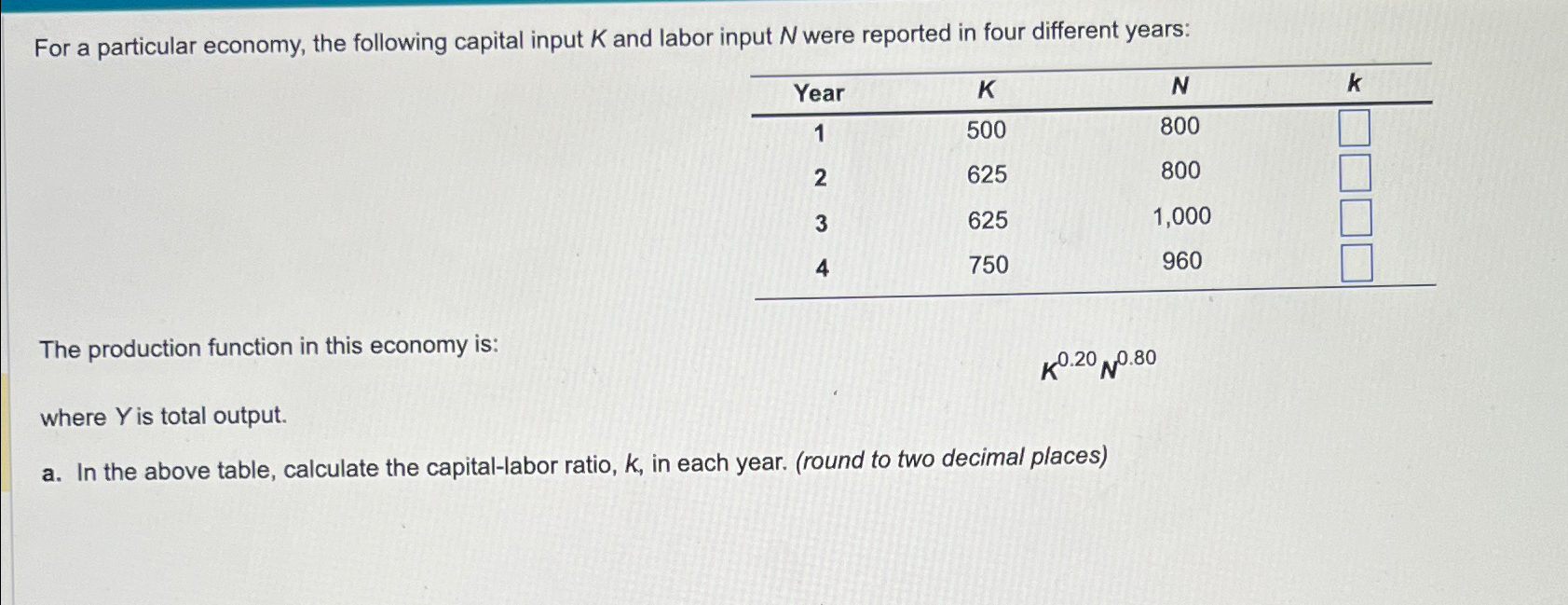 Solved For a particular economy, the following capital input | Chegg.com