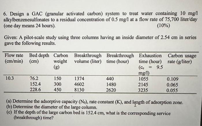 Solved 6. Design a GAC (granular activated carbon) system to | Chegg.com