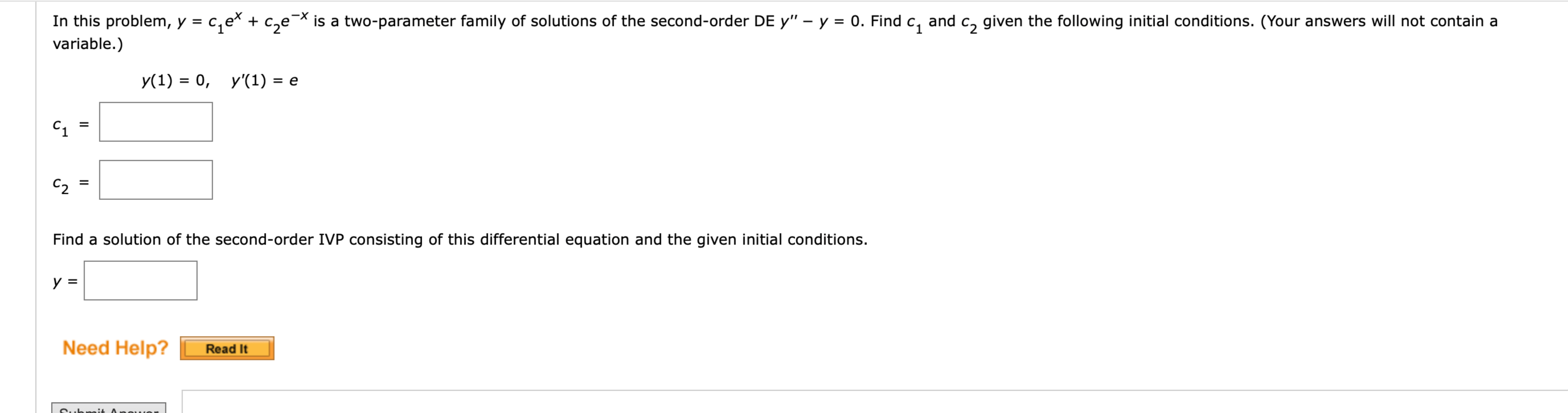 Solved In this problem, y=c1ex+c2e-x ﻿is a two-parameter | Chegg.com