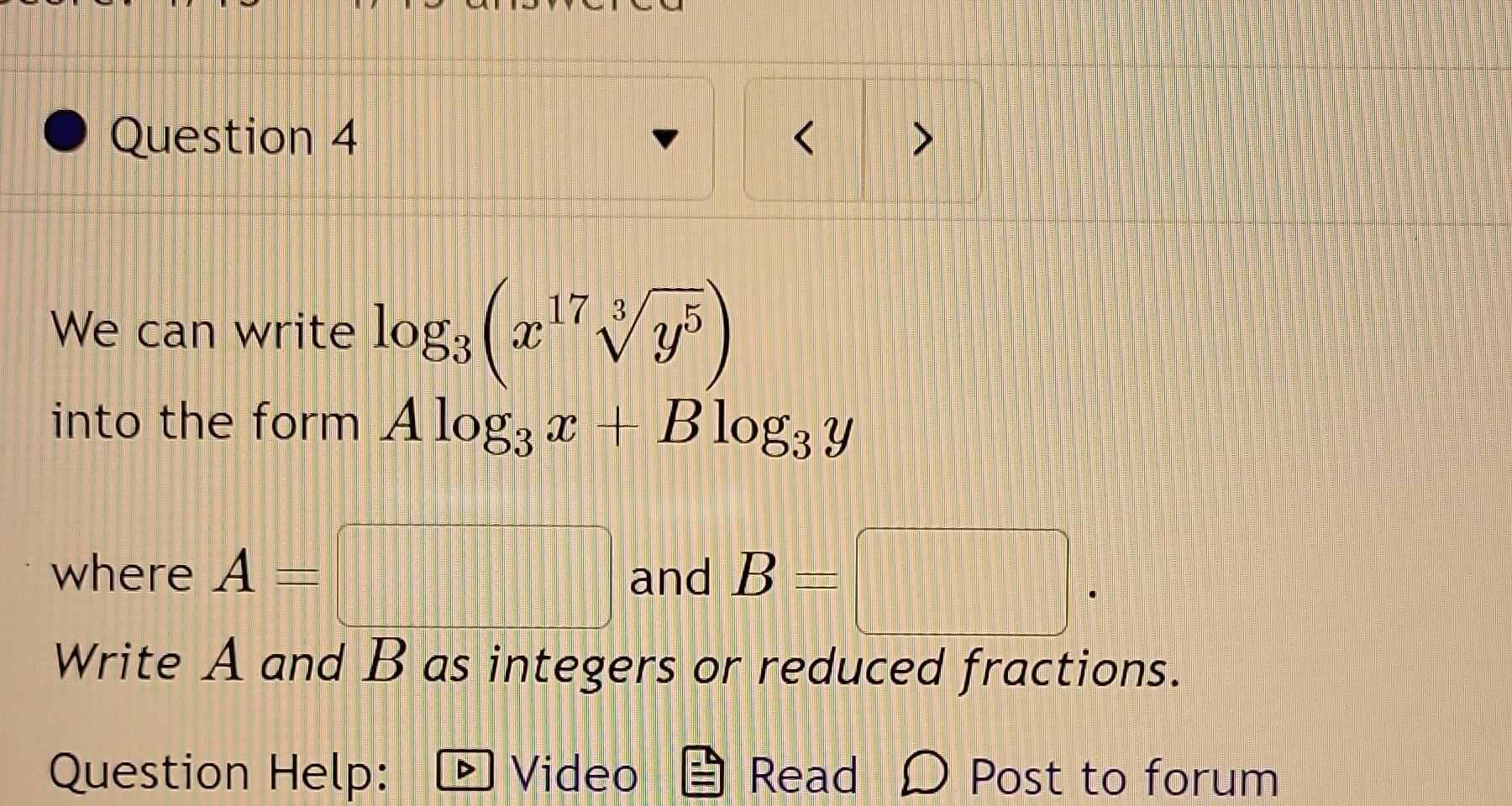 Solved We can write log3(x173y5) into the form Alog3x+Blog3y | Chegg.com