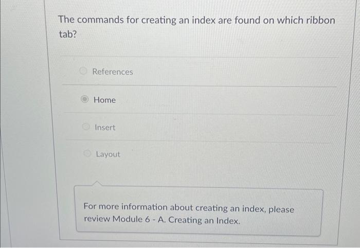 The commands for creating index are found on which | Chegg.com