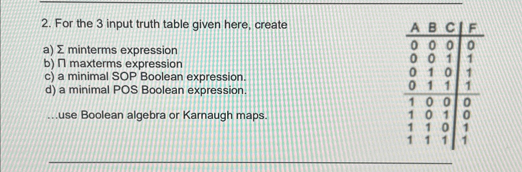 Solved For the 3 ﻿input truth table given here, createa) Σ | Chegg.com
