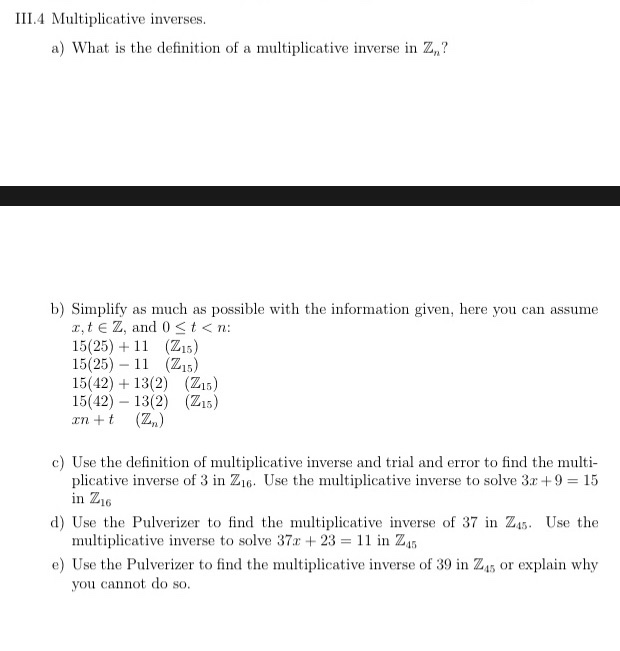 Solved III.4 Multiplicative inverses. a) What is the | Chegg.com