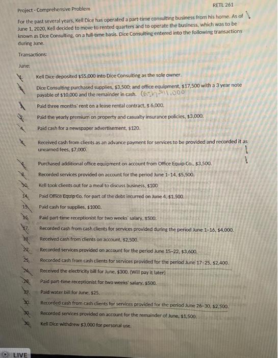 Solved RETL 261 Project - Comprehensive Problem For the past | Chegg.com