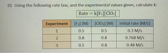 Solved D) Using the following rate law, and the experimental | Chegg.com