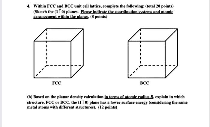 Solved 4. Within FCC and BCC unit cell lattice, complete the | Chegg.com