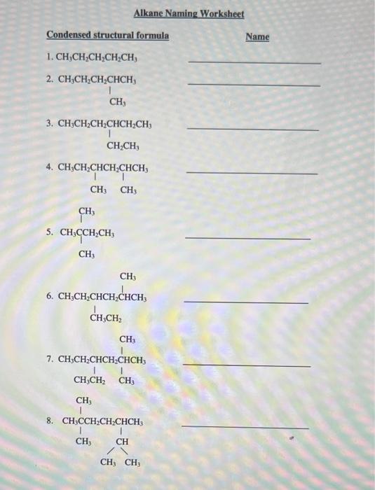 Solved Alkane Naming Worksheet Condensed structural formula | Chegg.com