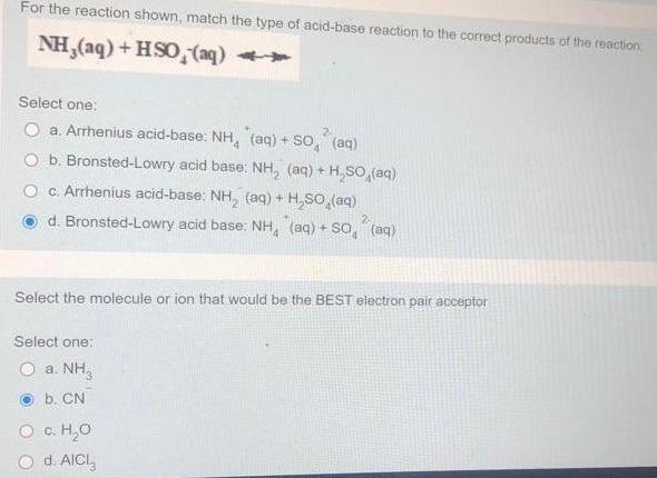 Solved For the reaction shown, match the type of acid-base | Chegg.com