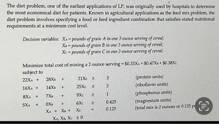 Solved The diet problem, one of the earliest applications of | Chegg.com