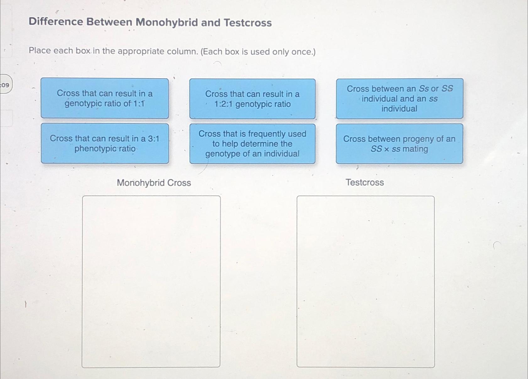 Solved Difference Between Monohybrid and TestcrossPlace each | Chegg.com