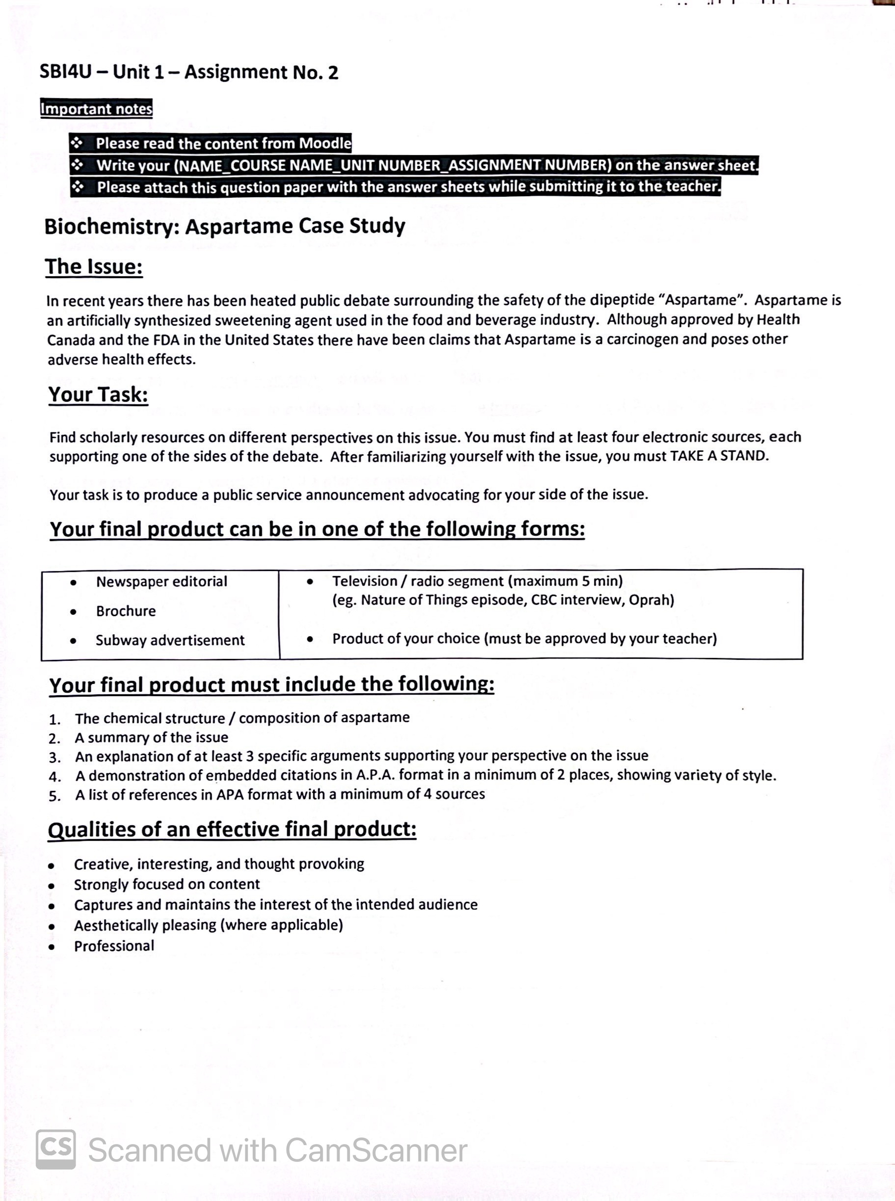Solved SBI4U - ﻿Unit 1 - ﻿Assignment No. 2Important | Chegg.com