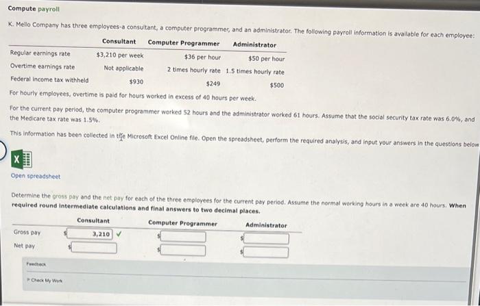 Solved Compute payroll K. Mello Company has three | Chegg.com