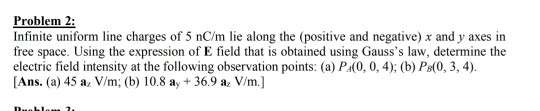 Solved Problem 2: Infinite uniform line charges of 5 nC/m | Chegg.com