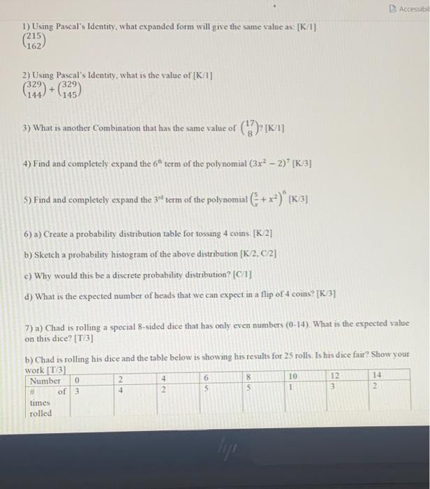 Solved Accessibil 1) Using Pascal's Identity, what expanded | Chegg.com