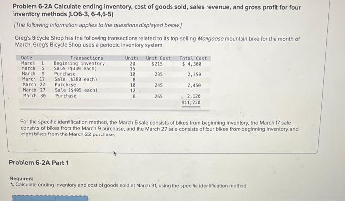 Solved Problem 6-2A Calculate ending inventory, cost of | Chegg.com
