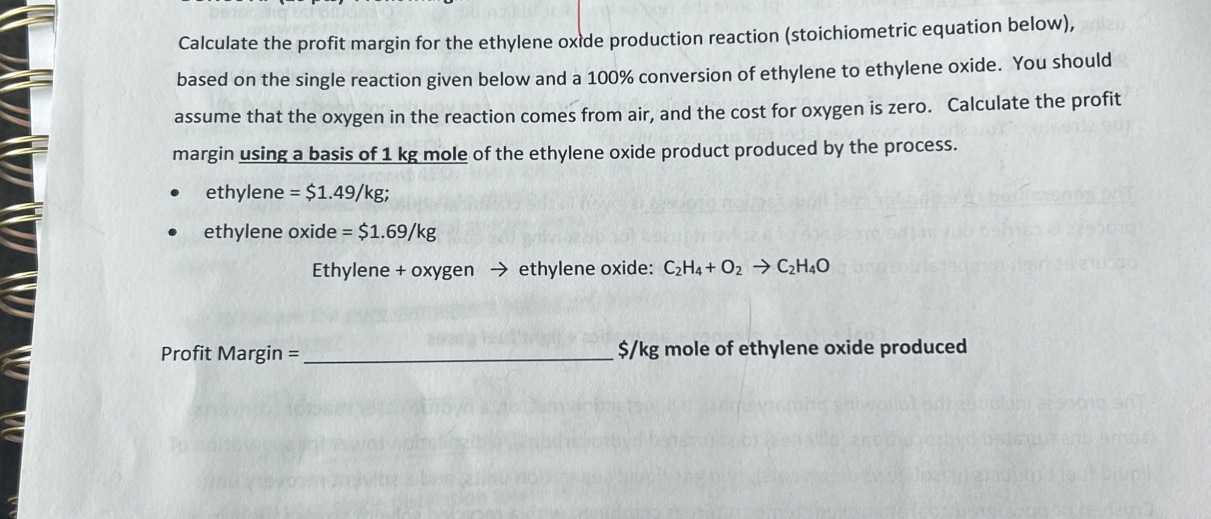 Solved Calculate the profit margin for the ethylene oxide | Chegg.com