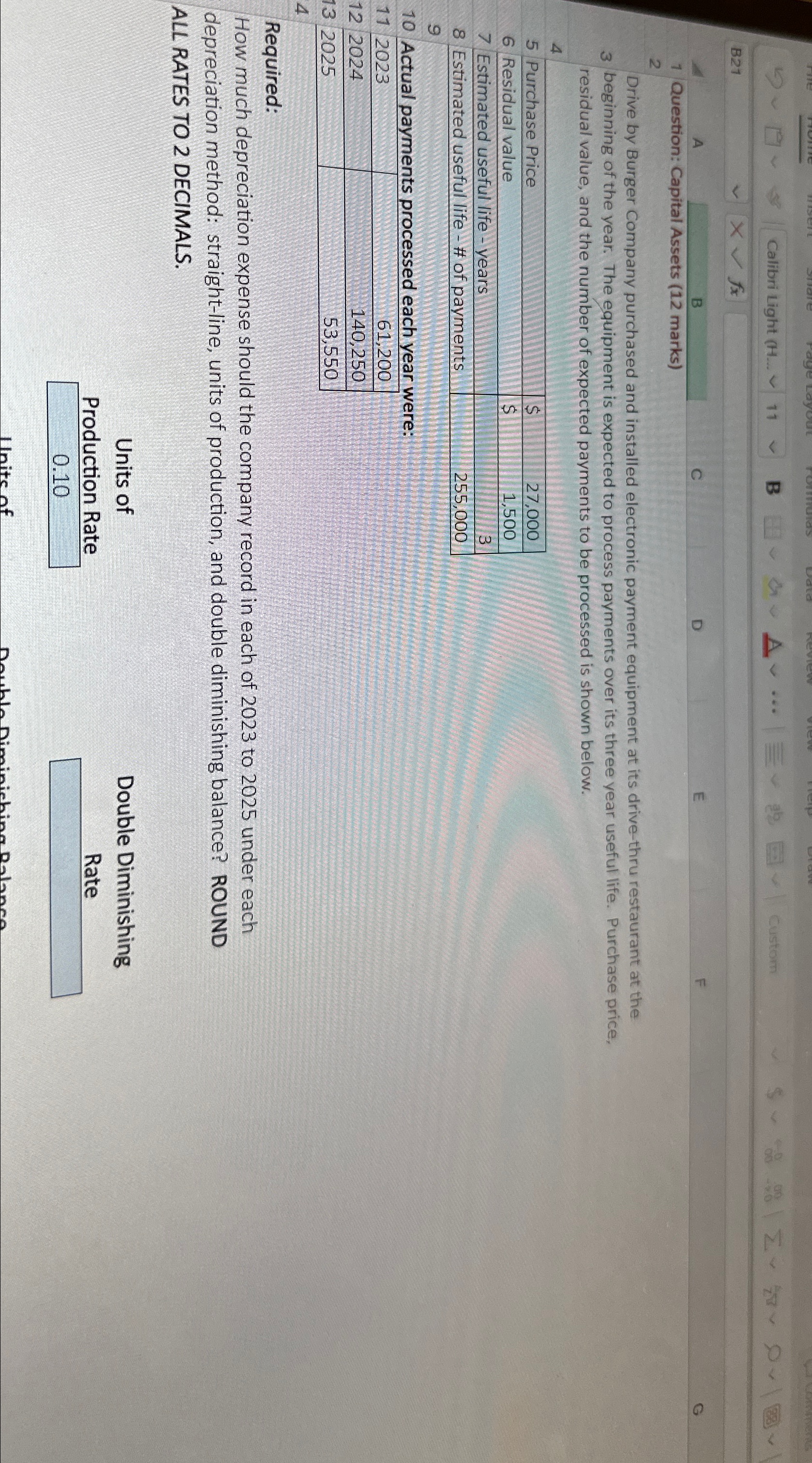 Solved Calibri Light ..11fxB21ABQuestion: Capital Assets (12 | Chegg.com