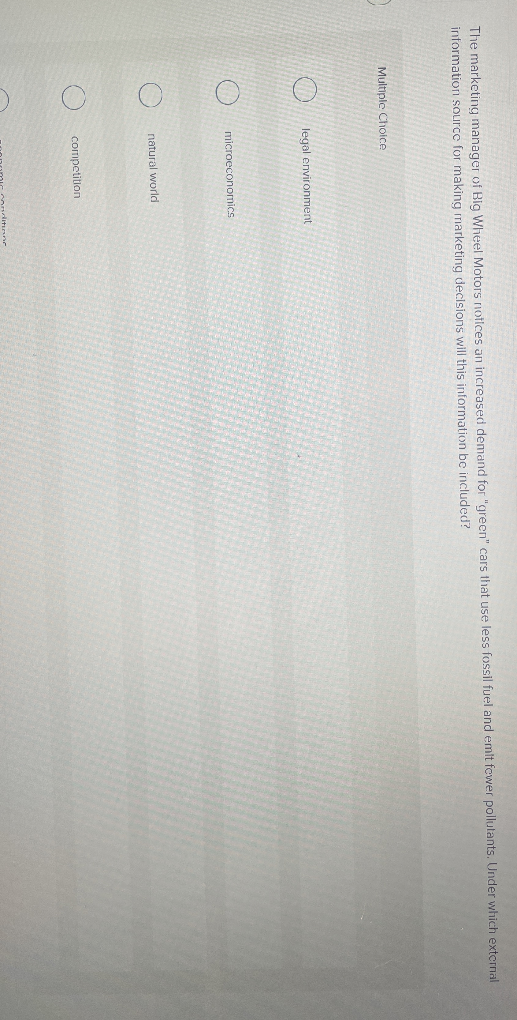 Solved The marketing manager of Big Wheel Motors notices an | Chegg.com