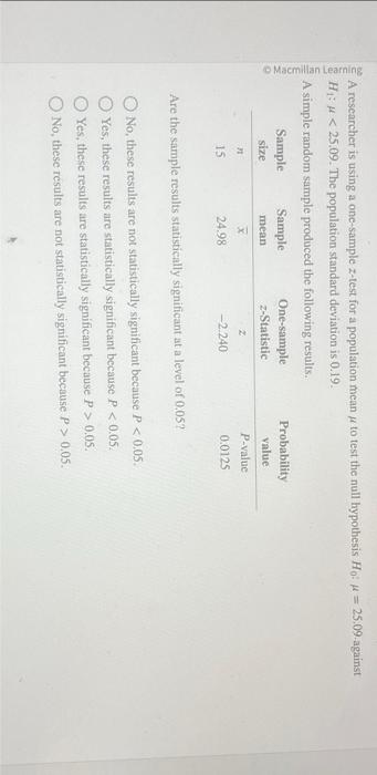 Solved A Researcher Is Using A One Sample Z Test For A 9121