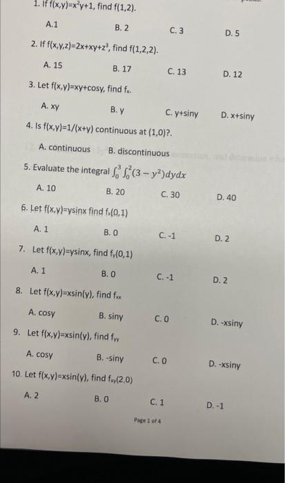 Solved 1. If f(x,y)=x2y+1, find f(1,2). A.1 B. 2 C. 3 D. 5 | Chegg.com