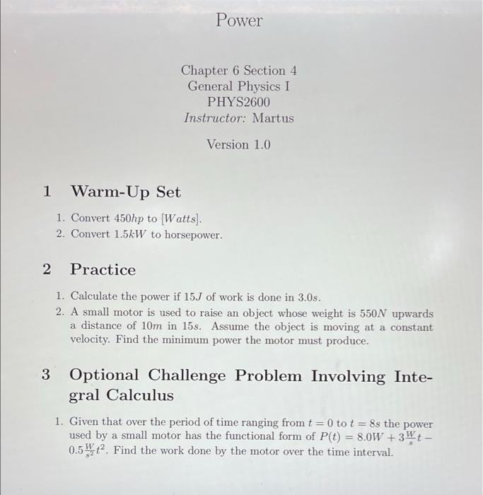 Solved 1 Warm-Up Set 1. Convert 450hp to [Watts]. 2. Convert | Chegg.com