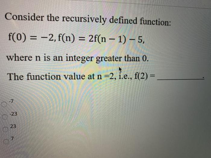 Solved Consider the recursively defined function: f(0) = -2, | Chegg.com