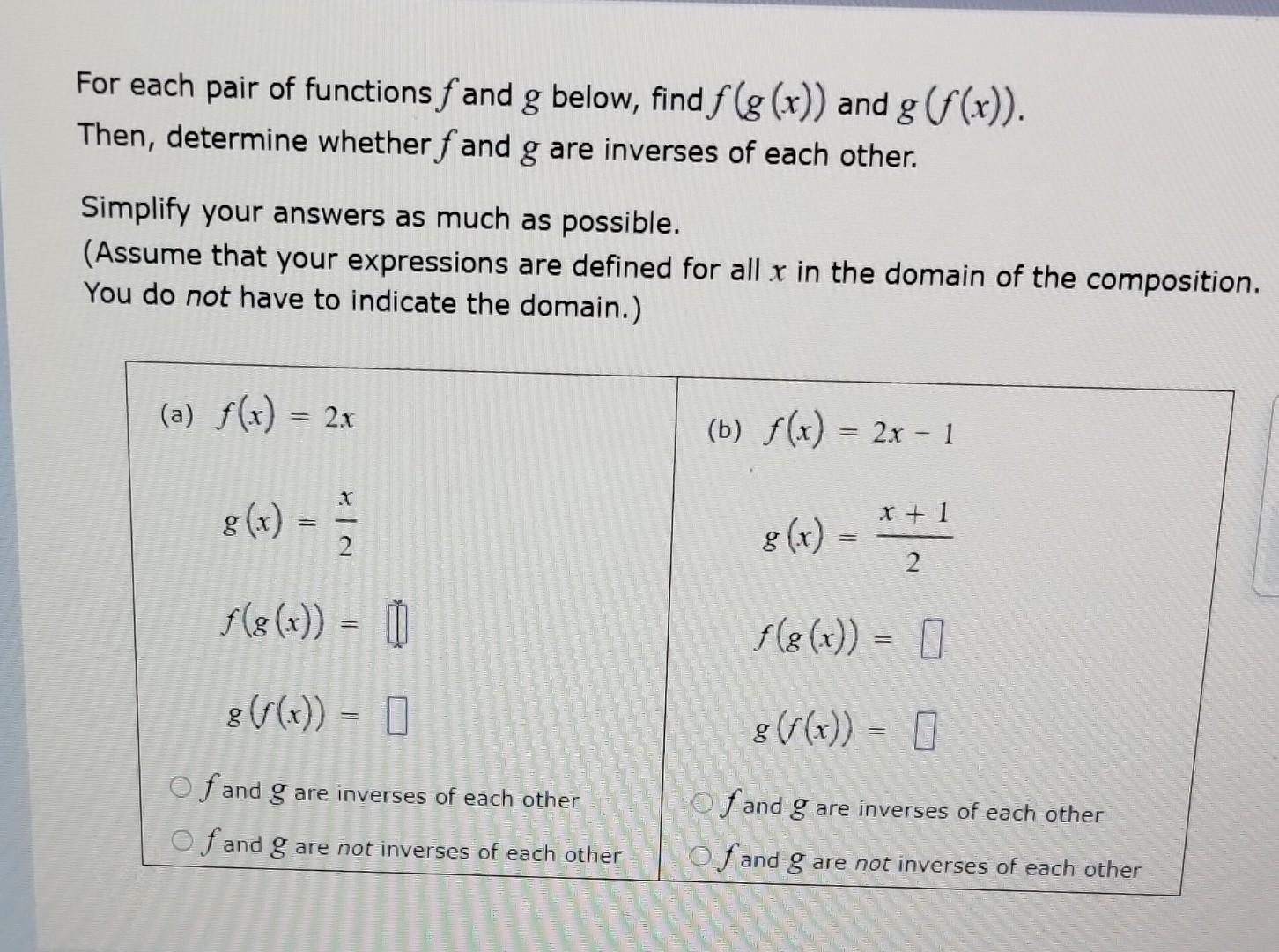 Solved For each pair of functions f and g below, find | Chegg.com