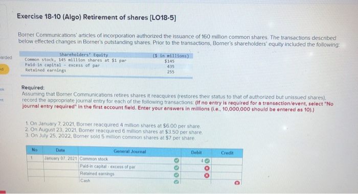 Solved Exercise 18-10 (Algo) Retirement of shores [LO18-5) | Chegg.com