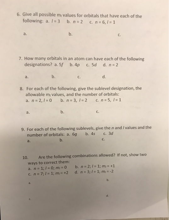 Solved 6. Give all possible m/values for orbitals that have | Chegg.com