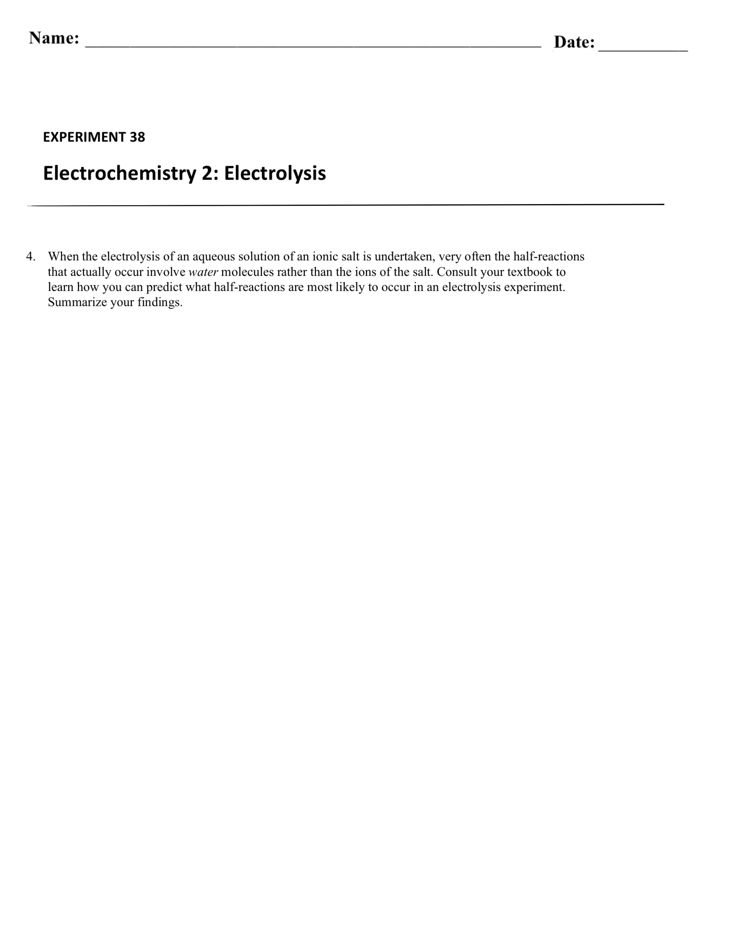 Solved Name:Date:EXPERIMENT 38Electrochemistry 2: | Chegg.com