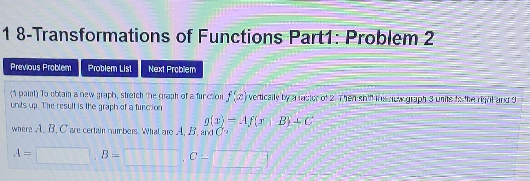 Solved 1 8-Transformations of Functions Part1: Problem 2 | Chegg.com