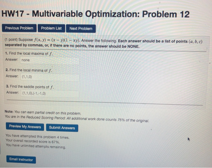 Solved HW17 Multivariable Optimization: Problem 12 Next | Chegg.com