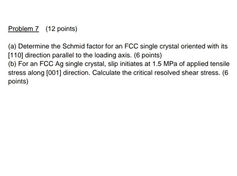 Solved Problem 7 (12 points) (a) Determine the Schmid factor | Chegg.com