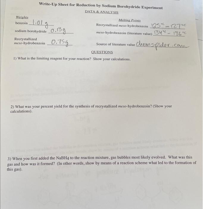 Solved Write-Up Sheet for Reduction by Sodium Borohvdride | Chegg.com