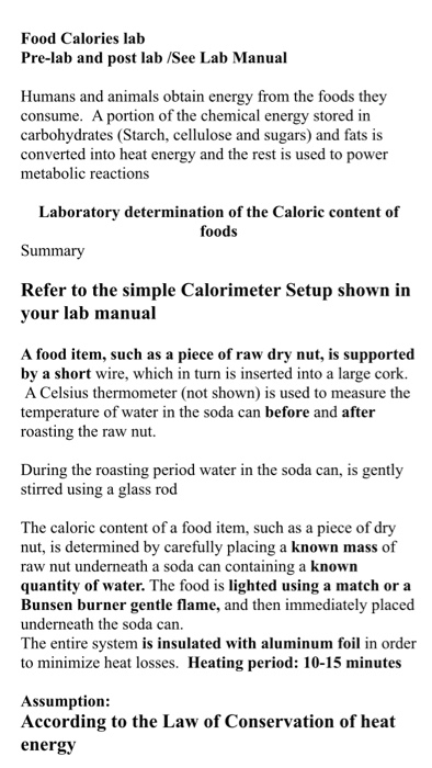 Food Calories lab Pre-lab and post lab /See Lab | Chegg.com