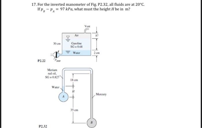 Solved 17. For the inverted manometer of Fig. P2.32, all | Chegg.com