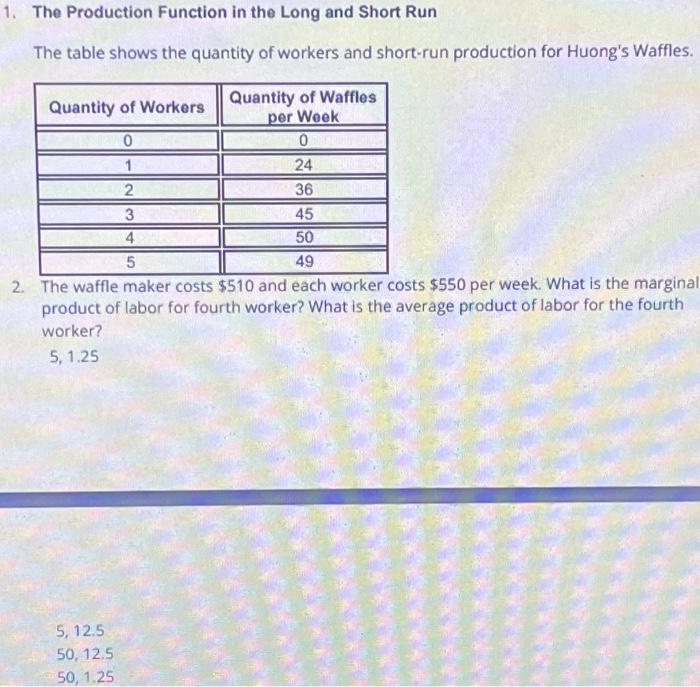 Solved 1. The Production Function in the Long and Short Run | Chegg.com