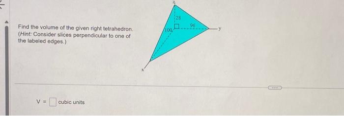 Solved Find the volume of the given right tetrahedron. | Chegg.com