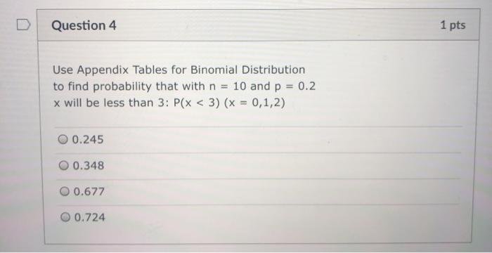Solved Question 4 1 pts Use Appendix Tables for Binomial | Chegg.com