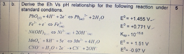 Solved 3. b. 5 Derive the Eh Vs pH relationship for the | Chegg.com
