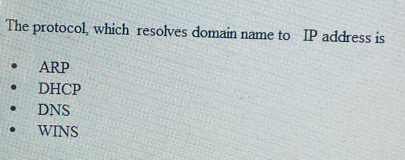 Solved The protocol, which resolves domain name to IP | Chegg.com