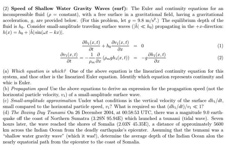 Solved (2) ﻿Speed of Shallow Water Gravity Waves (surf): The | Chegg.com