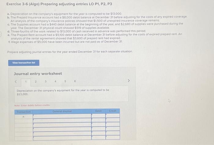 Solved Exercise 3.6 (Algo) Preparing adjusting entries LO | Chegg.com